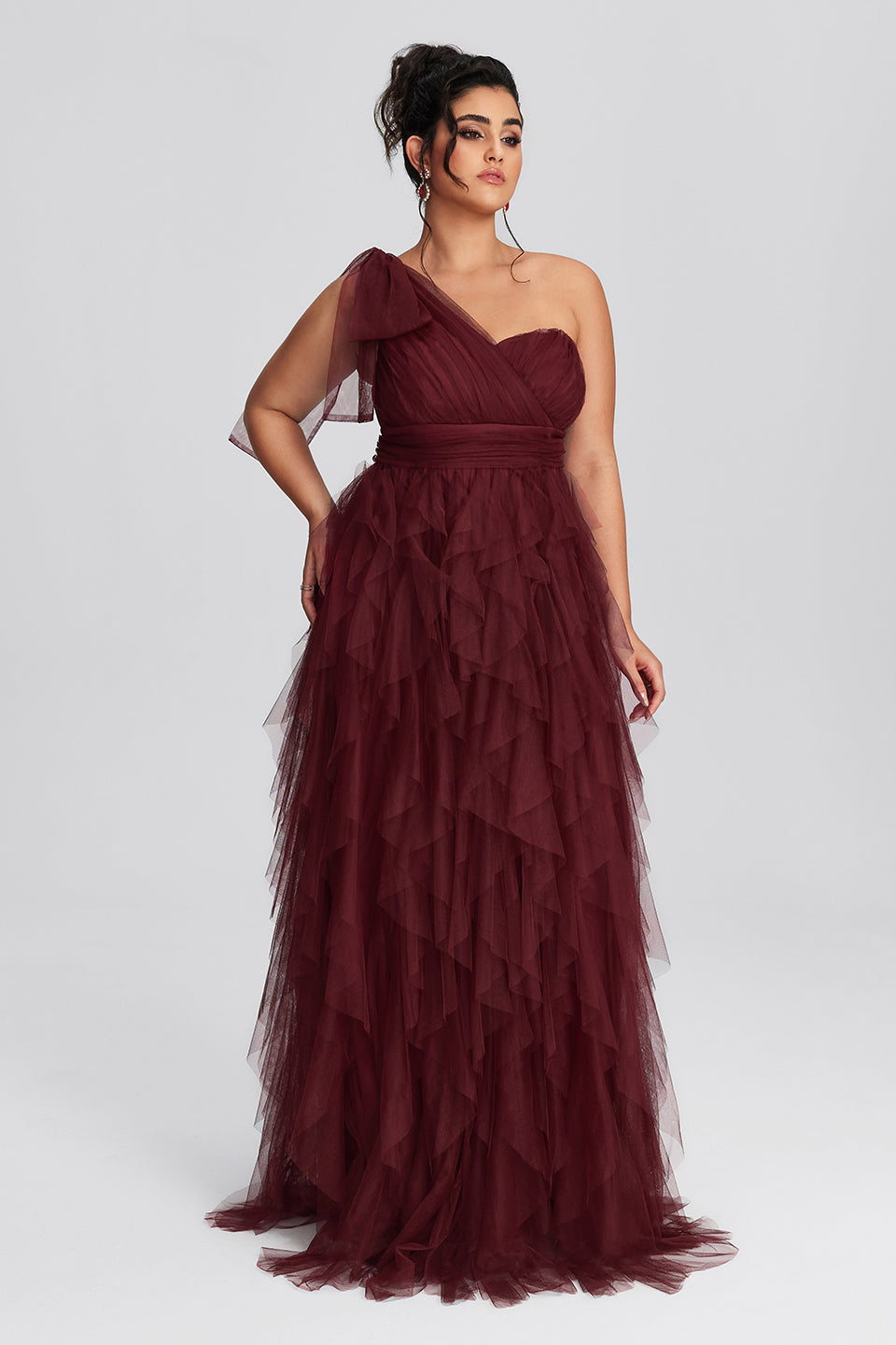 Curveins Plus Size V Neck Sequins Lantern Sleeve Slit Mes...