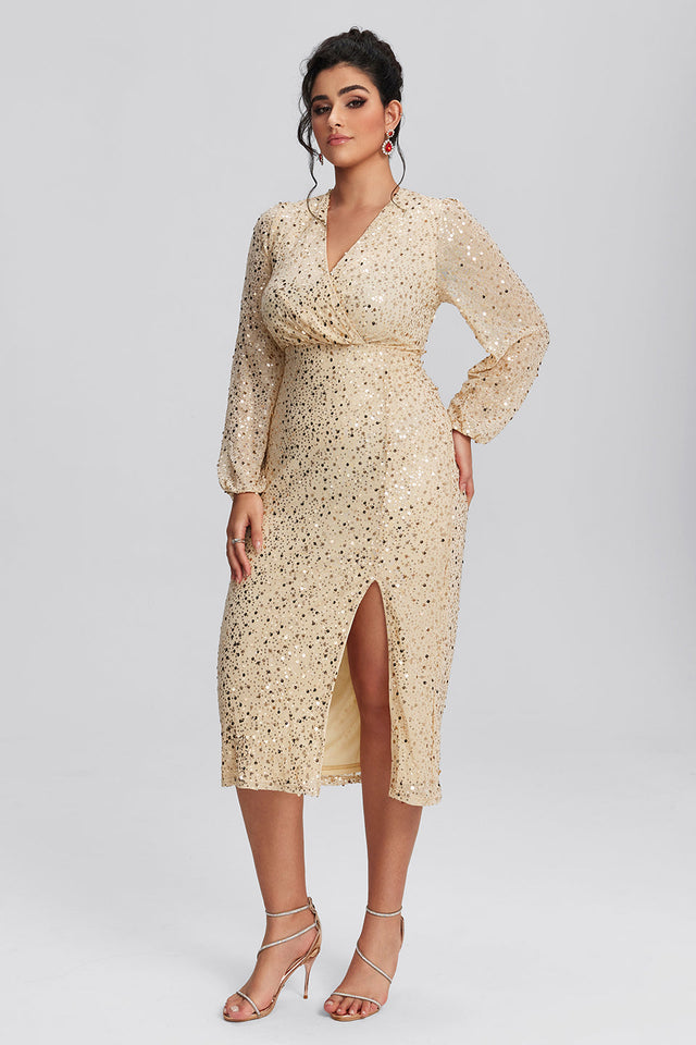 Curveins Plus Size V Neck Sequins Lantern Sleeve Slit Mes...