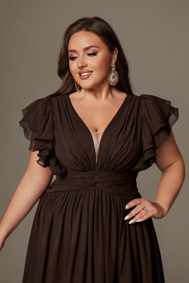 Curveins Plus Size V-Neck Ruffle Sleeve Split A-Line Maxi...